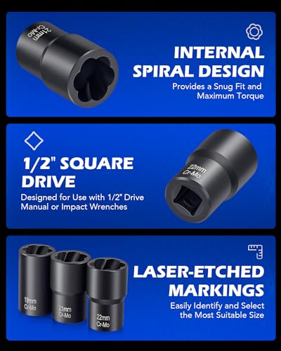 OMT Twist Socket Tool Set, 1/2" Drive 5pc Nut and Bolt Extractor Set, Rounded Bolt & Stripped Lug Nut Remover Tool Kit
