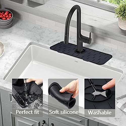 Kitchen Faucet Sink Splash Guard, Silicone Faucet Water Catcher Drying Mat, Sink Draining Pad for Bathroom, Farmhouse,RV and Washroom (Black)