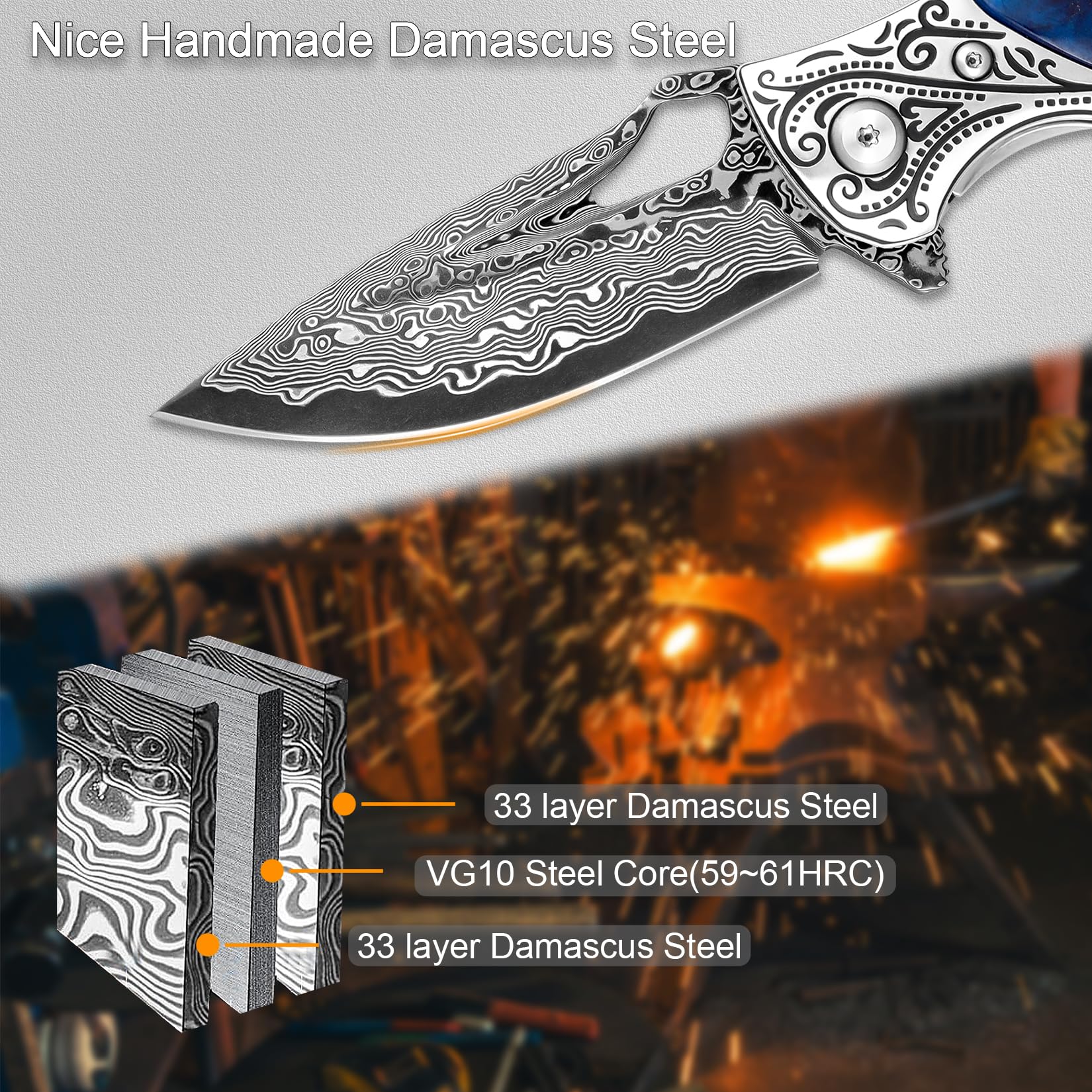 VNLA Damascus Folding Pocket Knife,Forged Damascus Steel Blade,New material handle made of resin and maple leaf.with leather case,Pocket Clip,Suitable for Hiking carry EDC