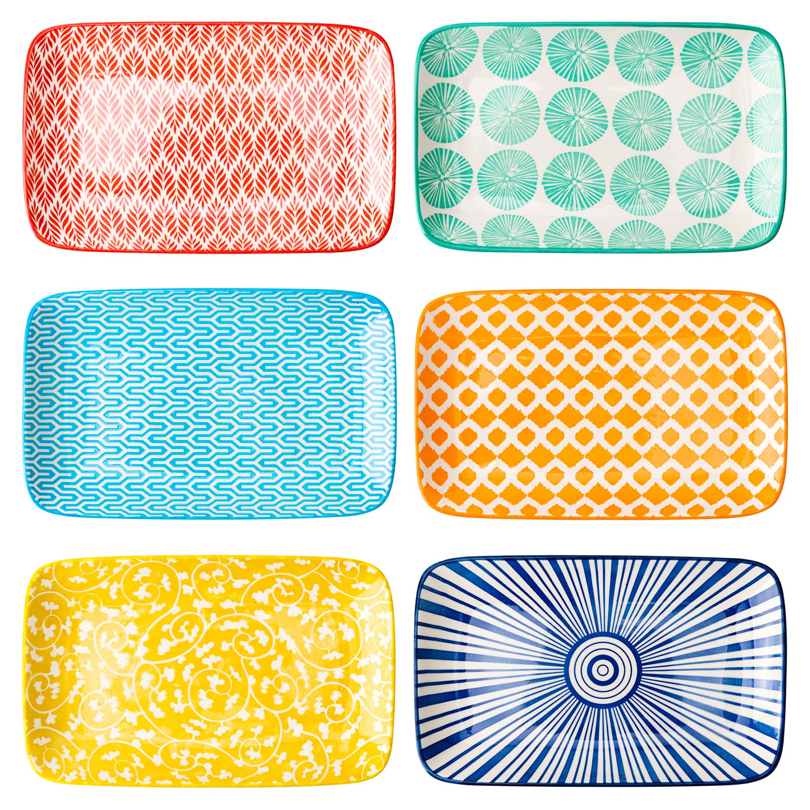 KitchenTour Rectangular Serving Platter, 9.5 inch Appetizer Plates Ceramic Dinner Plates Serving Trays Set of 6 for Salad, Sushi, Fruit, Microwave and Dishwasher Safe