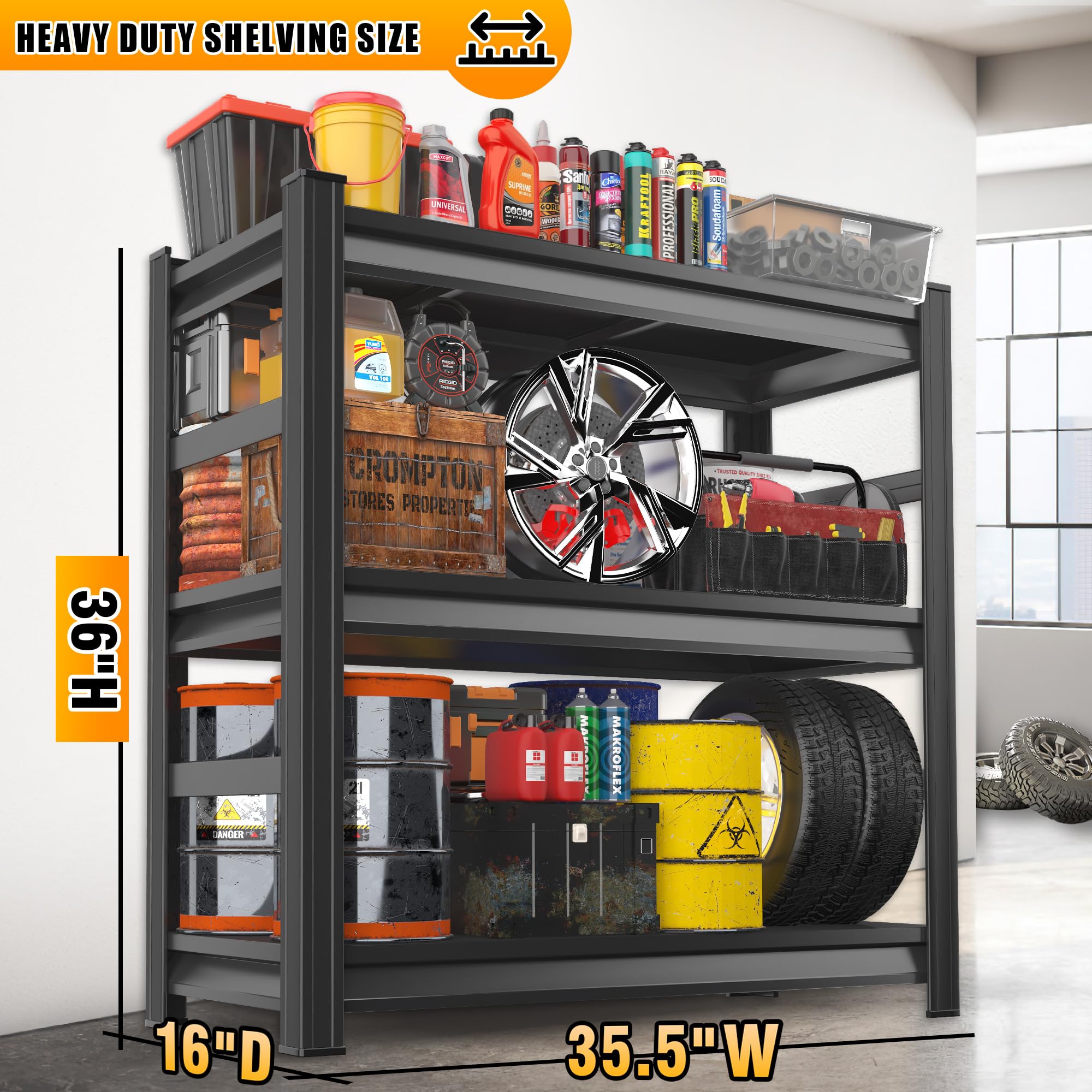 PRESTELION 36" H Garage Shelving Unit-Adjustable 3-Tier Easy Assembly Metal Storage Rack|1000 lbs Capacity Shelf|Shelves & Rust-Resistant|Perfect for Garage,Basement,Workshop Organization
