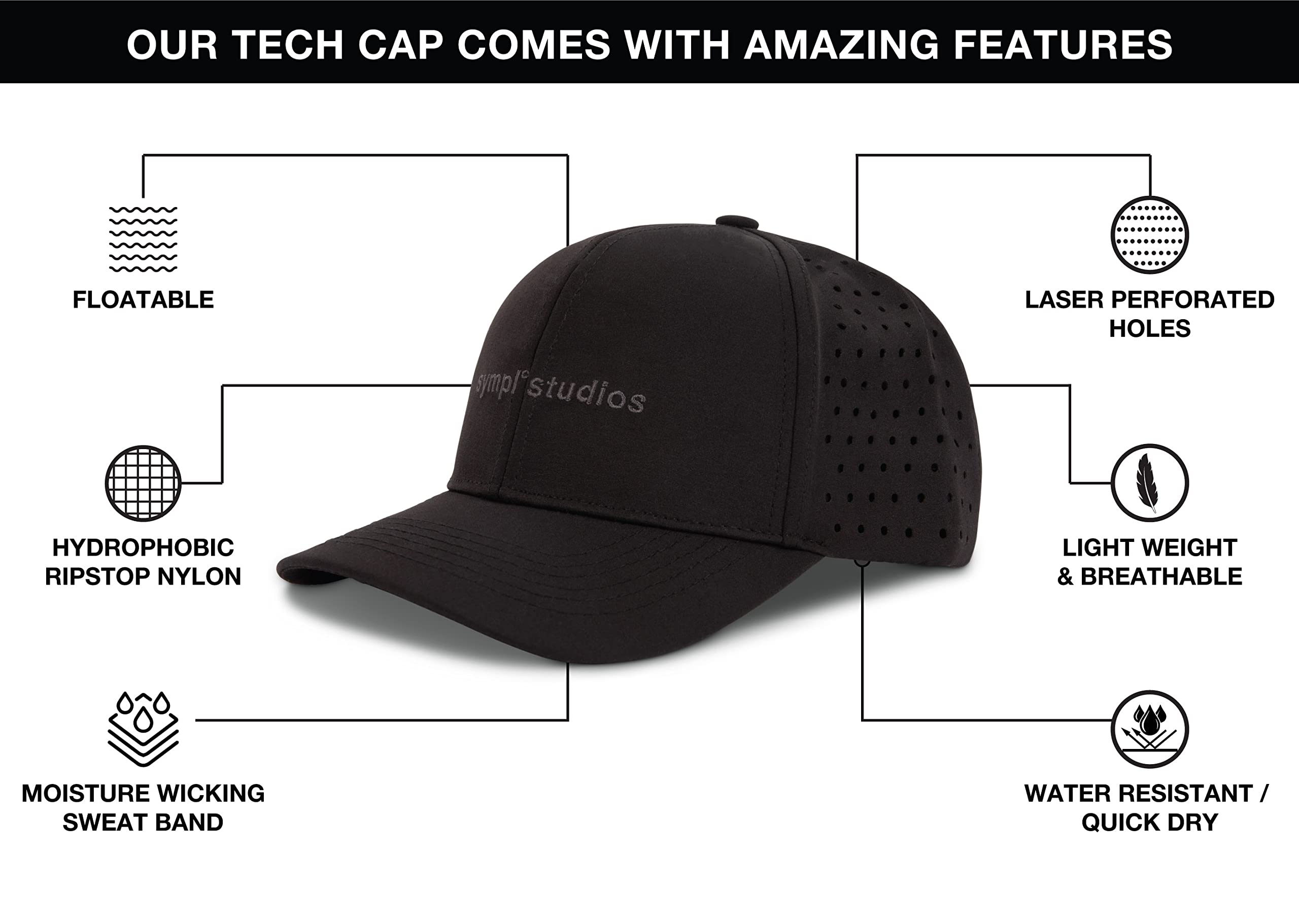 Hydro Waterproof Baseball Hat for A-Game Performance, Snapback 6-Panel Cap for Gym, Boat, Golf, Workout, Running, Sweat Resistant, One Size, Unisex Black