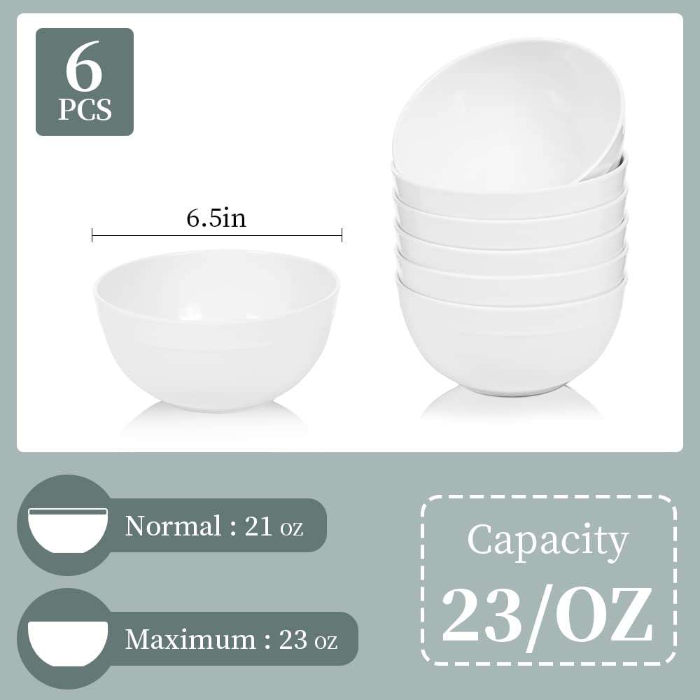 Lechoo Melamine Cereal Bowls - 23oz White Dinnerware Soup Bowls, Set of 6,Unbreakable 6PCS Salad Bowls,Dishwasher Safe,White