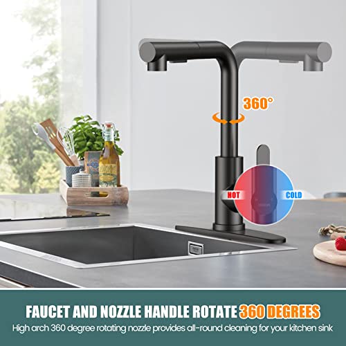 Kitchen Faucets, Matte Black Faucet with Pull Down Sprayer and Deck Plate, Stainless Steel Commercial Utility Faucets for Sink 3 Hole Bar Rv Camper Laundry Outdoor Farmhouse