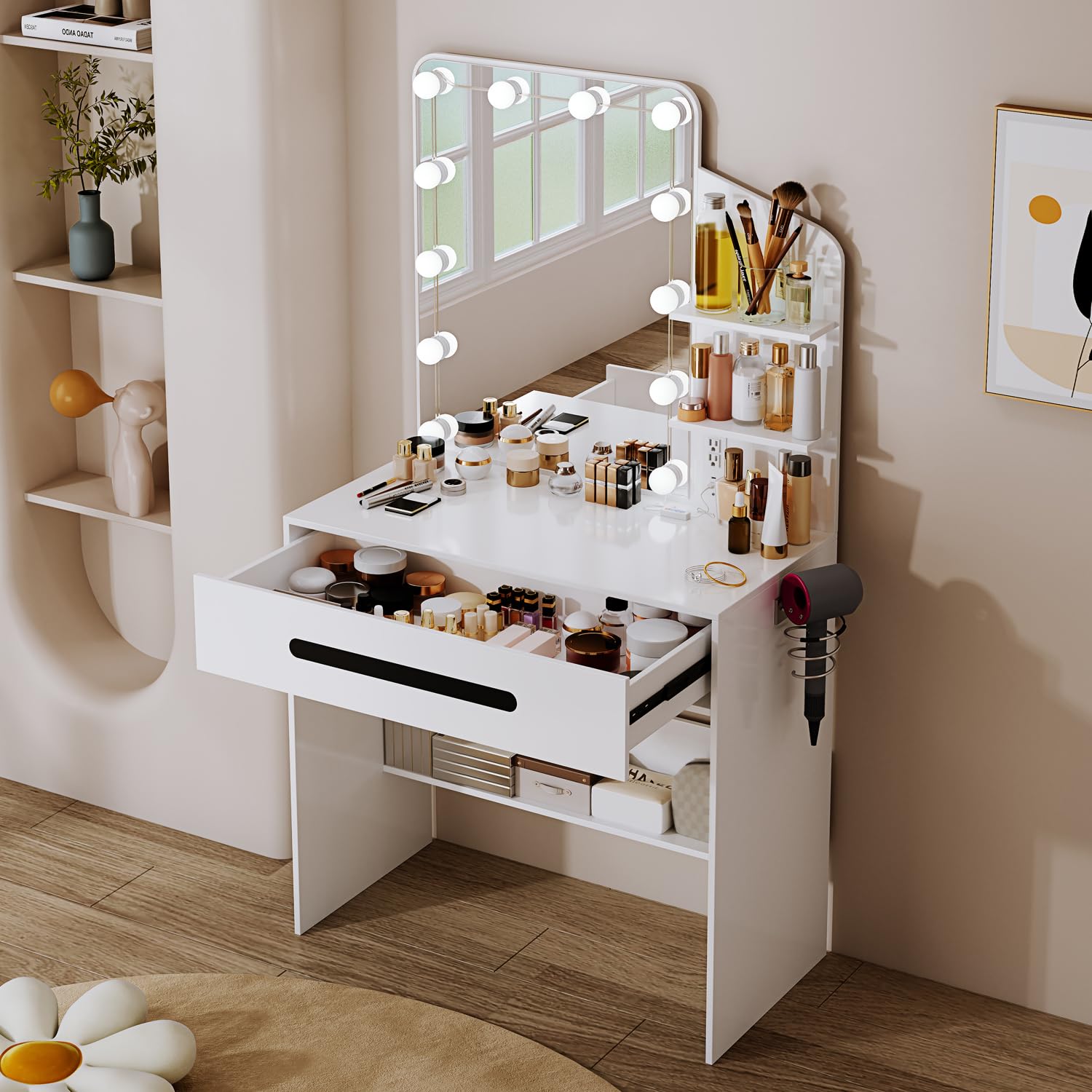 sbdmirau Modern Vanity Desk with Lighted Mirror, Desk Makeup Dressing Table with Power Strip, 12 LED Lights, 1 Large Drawers, Writing Desk with 3-Sectio Storage Shelves for Bedroom, White