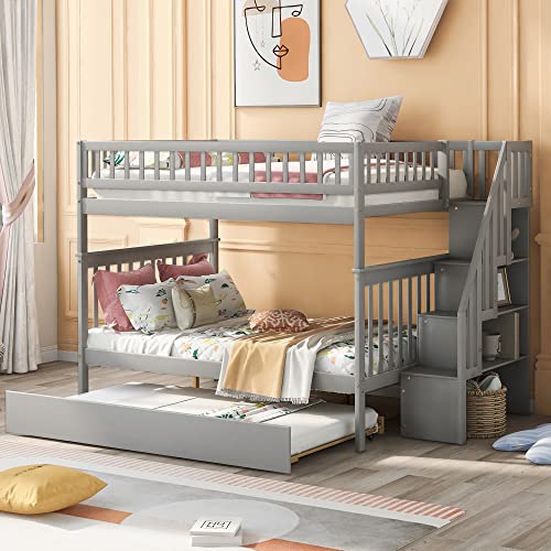 UBGO Full Over Full Bunk Bed with Pull Out Trundle Bed and Storage Stairs, Safety Rails, Full Size Bunk Bed for Kids Teens Adults, Space Saving, Easy to Assemble, Grey