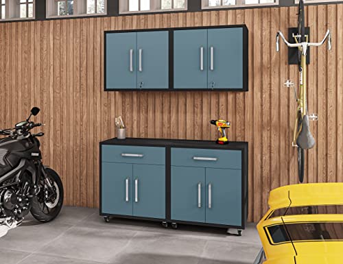 Manhattan Comfort Eiffel 4-Piece Garage Storage Set in Matte Black and Aqua Blue