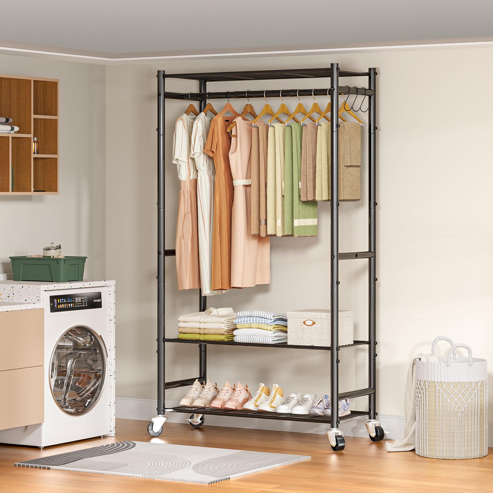 Neatrays Rolling Clothes Rack for Hanging Clothes,Heavy Duty Garment Rack with 3 Tier Wire Shelves,Freestanding Portable Clothing Rack Wardrobe Rack, Black