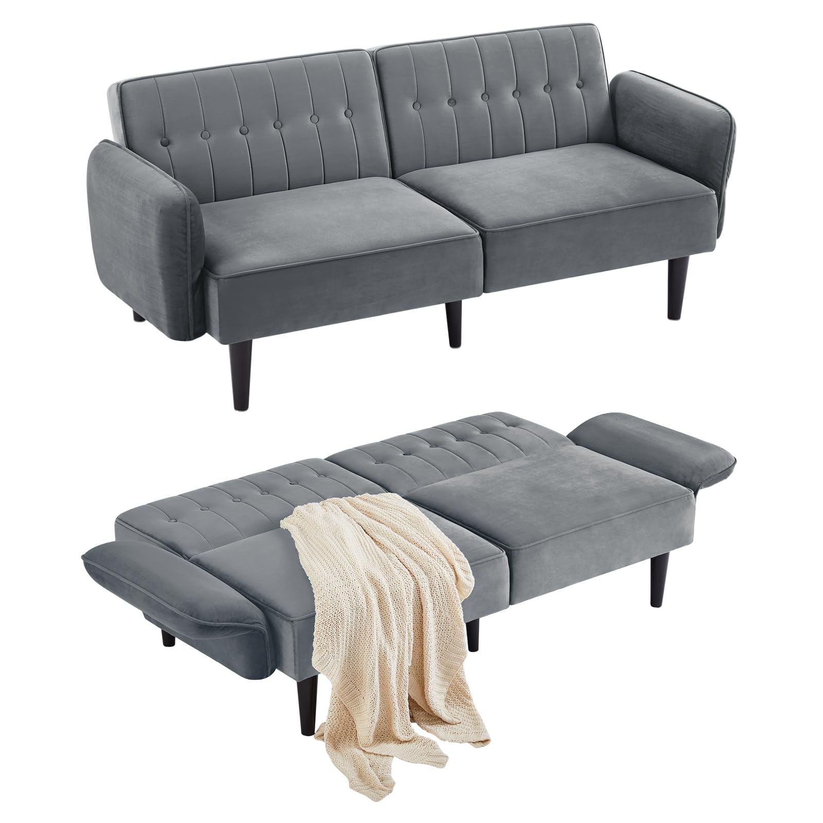 ONBRILL Loveseat Sofa Bed, Grey Couch Bed Mid-Century Modern Sleeper Sofa, Velvet Couch Convertible Futon Sofa Bed, Small Couch with Adjustable Backrest & Armrest, Love Seat Couches for Living Room