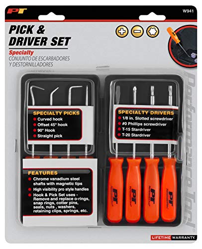 Performance Tool W941 8-Piece Specialty Pick/Driver Set, Precision Pick & Hook Set with Scraper
