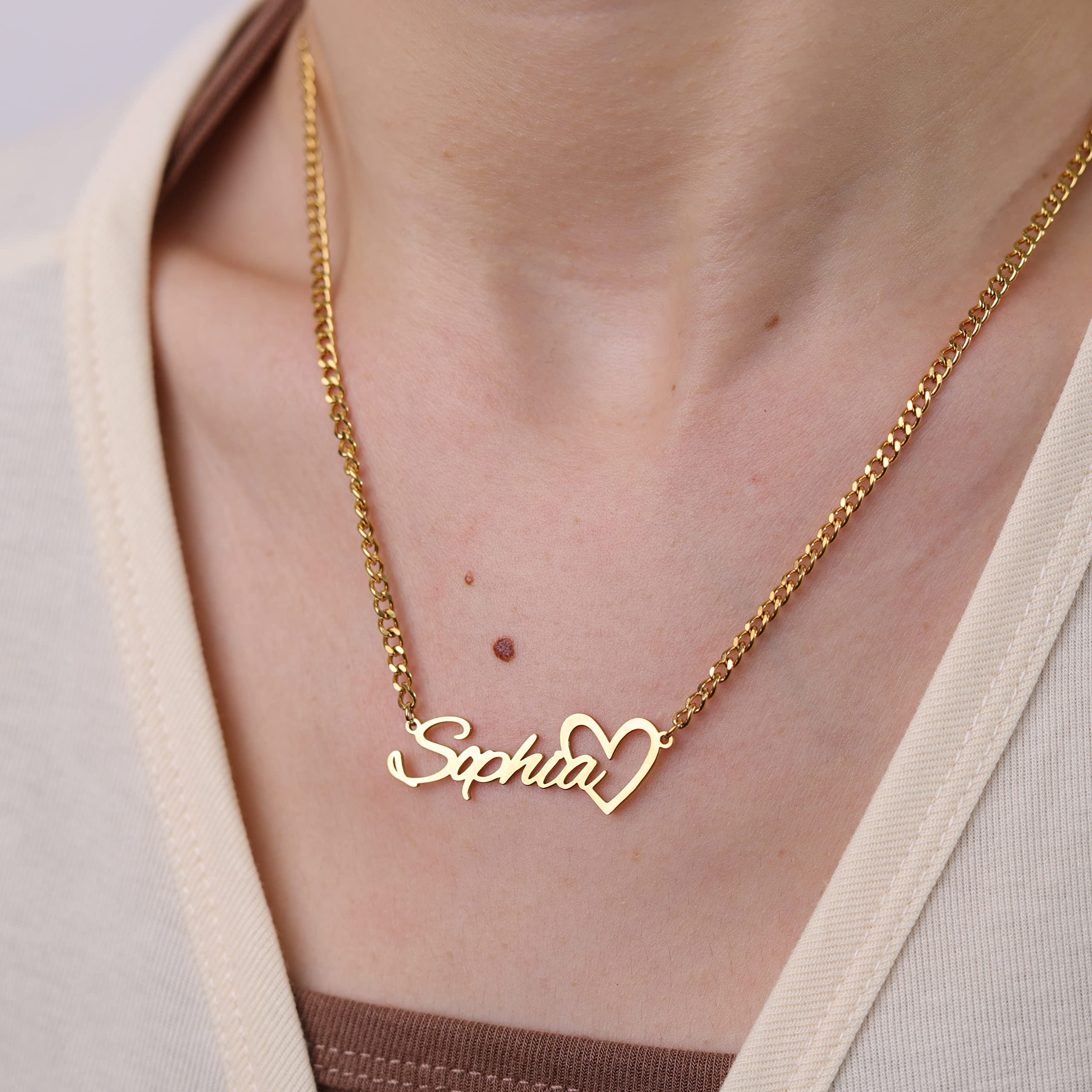 Laffyett Name Necklace Personalized with Heart Stainless Steel Custom Name Necklace Gifts for Women