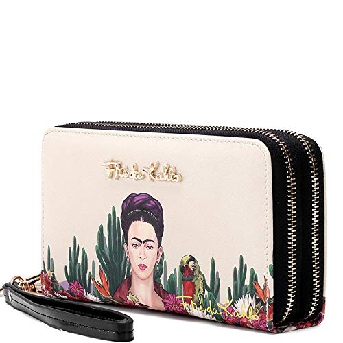 LuxeBag Frida Kahlo Faux Leather Double Zip Wallet with Wristlet (Beige/Black)
