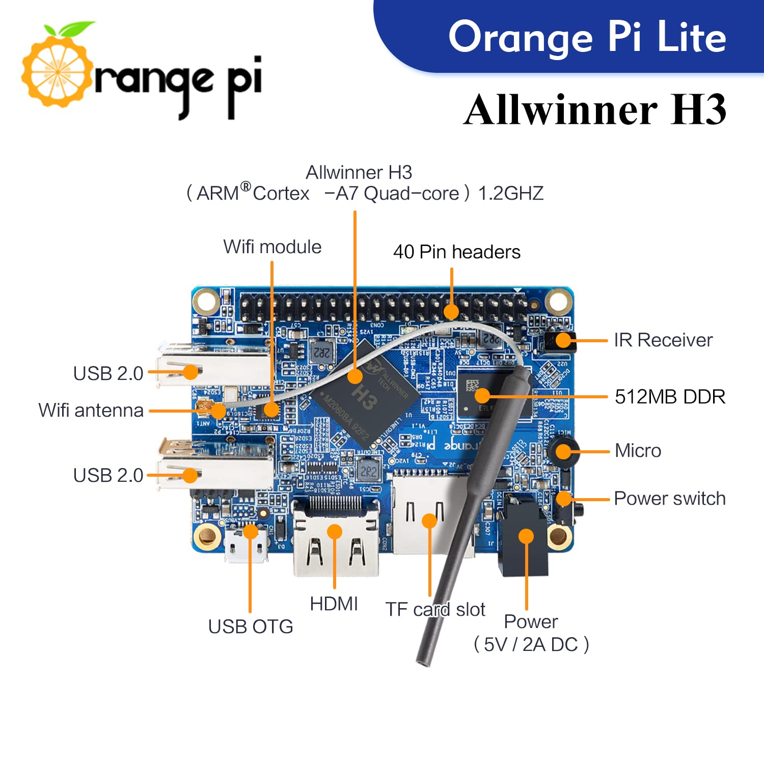 Orange Pi Lite 1GB DDR3 Allwinner H3 Quad-core Cortex-A7 Single Board Computer, Mini PC Run Android/Ubuntu/Debian(Pi Lite+Case+5V3A DCPower Supply)
