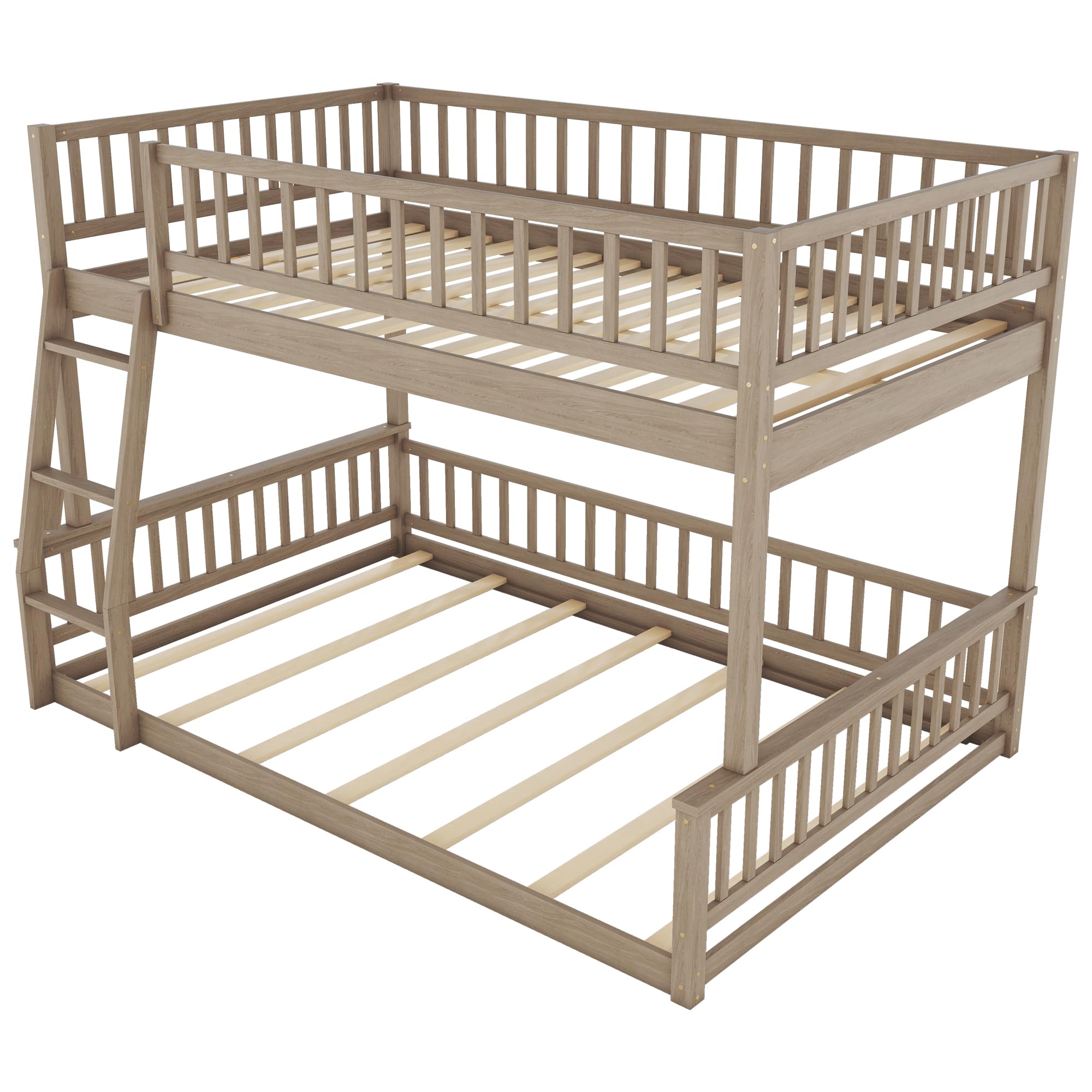 LZ LEISURE ZONE Full XL Over Queen Bunk Bed, Detachable Design Bunk Beds, Modern Wood Bunk Bed Frame with Ladder and Guardrails, No Box Spring Needed, Walnut