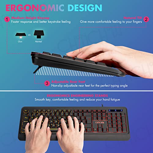 LED Keyboard and Mouse Combo USB Wired Characters Illuminzted Gaming Keyboard 3600 DPI Optical Mouse Compatible with Windows Linux Mac MacBook Computer Laptop