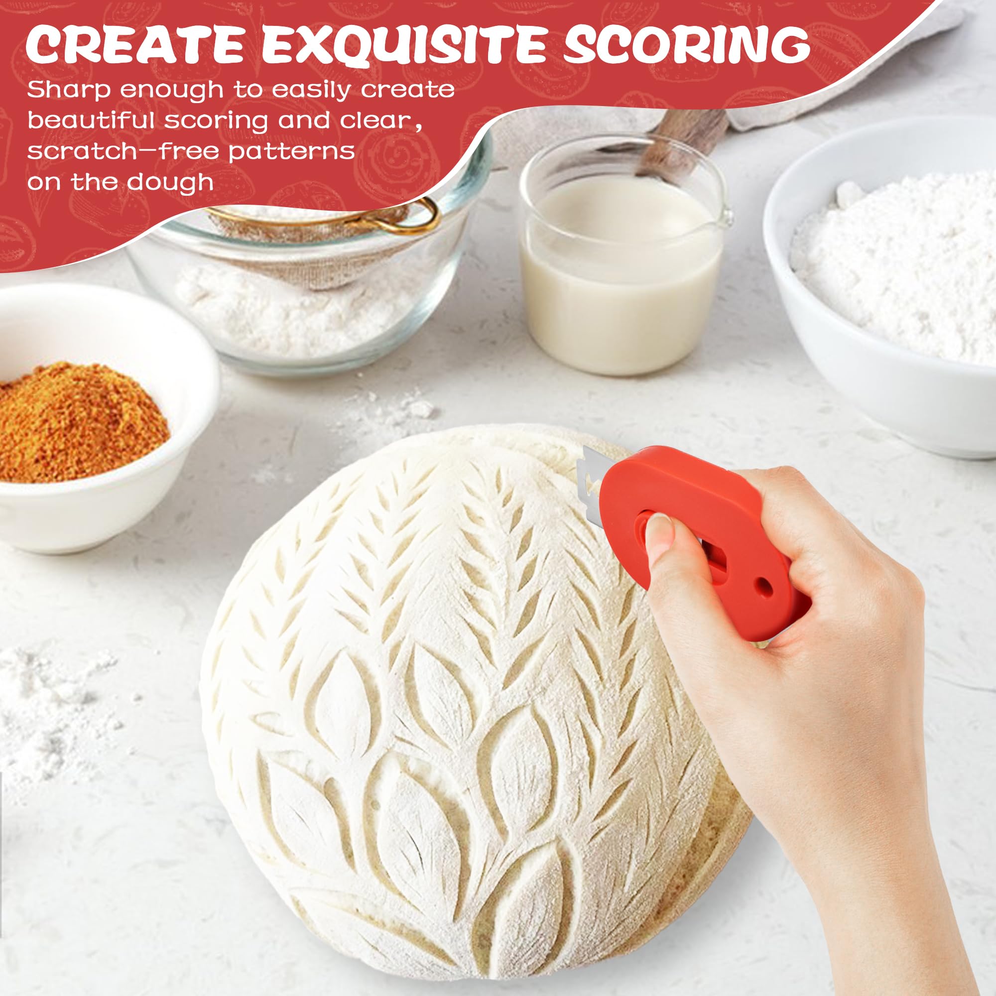MGVK Bread Lame for Dough, Extractable & Magnetic Bread Lame Tool with 5PCS Blades for Artisan Bread, Essential Sourdough Bread Baking Supplies (Red)
