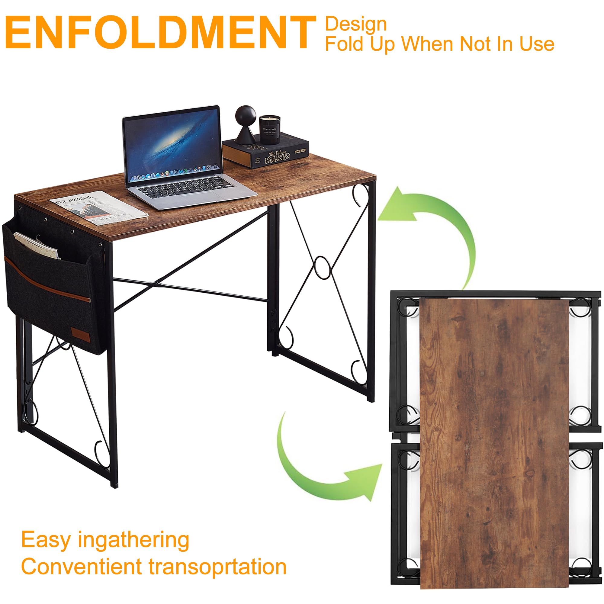 VECELO Folding Desk with Storage Bag 39 Inch Writing Desk Home Office Sturdy Steel Laptop Table for Home Office Work Rustic Brown