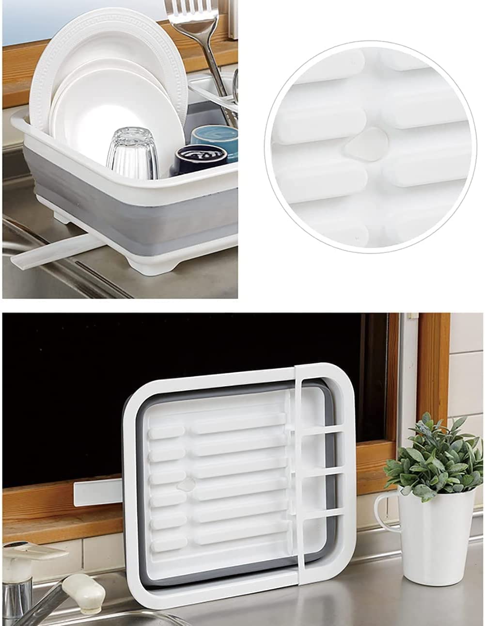 LLygezze Collapsible Dish Drying Rack, Silica Gel Drain Rack with Swivel Sprout for Kitchen Counter RV Campers Portable Dinnerware Organizer(Gray)