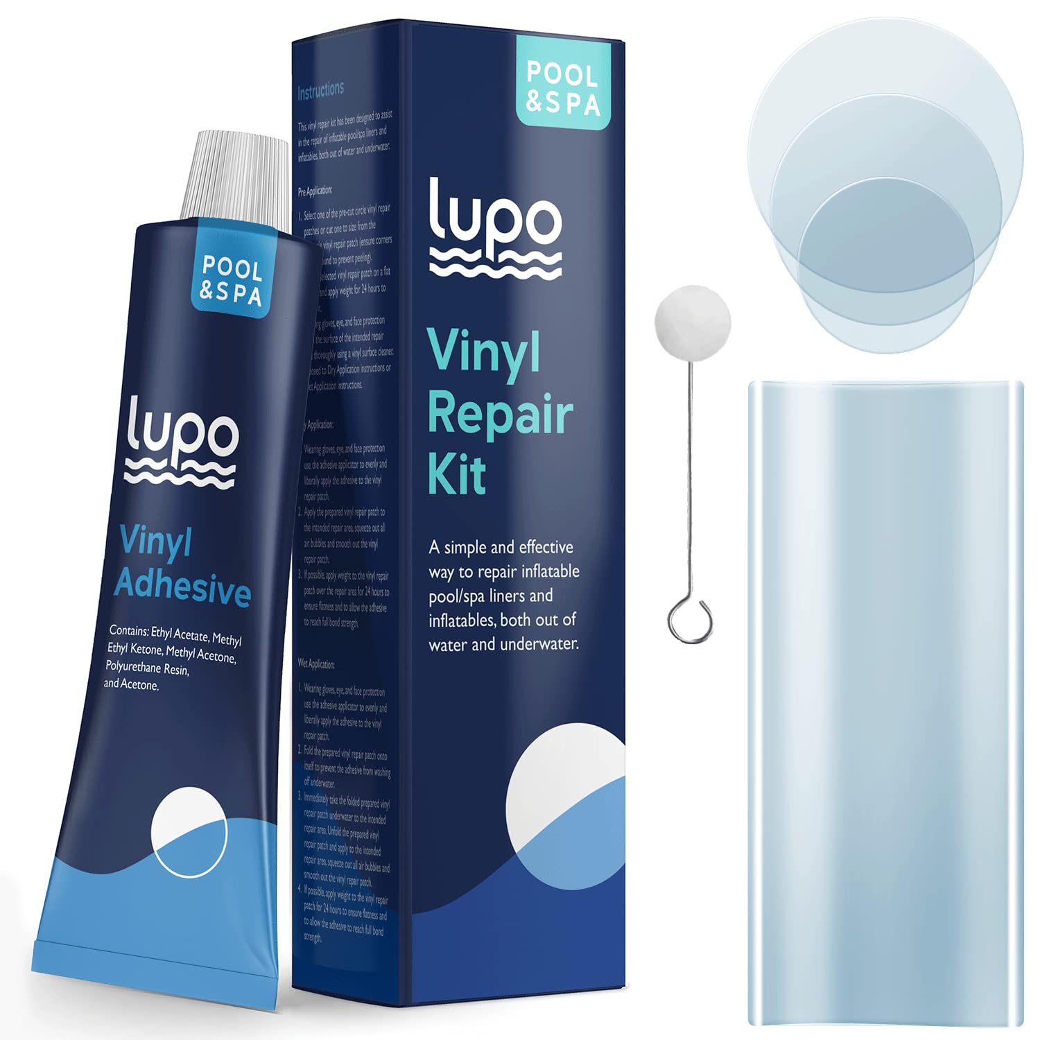 Lupo 12 Piece Heavy Duty Vinyl Repair Kit for Above Ground Swimming Pool Liners, Hot Tubs, Inflatables, Air Beds (Repair Patches, Glue and Application Tool)