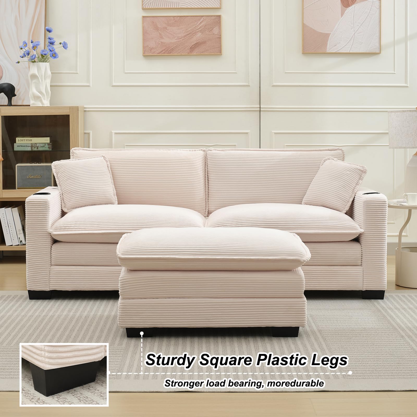 Neylory 82.7" Convertible Sectional Sofa, Cloud Couch L Shape Sofa Sleeper Loveseat with Ottoman & Cup Holder & USB Ports, Green Couch Corduroy Comfy Couches for Small Living Room, Apartment
