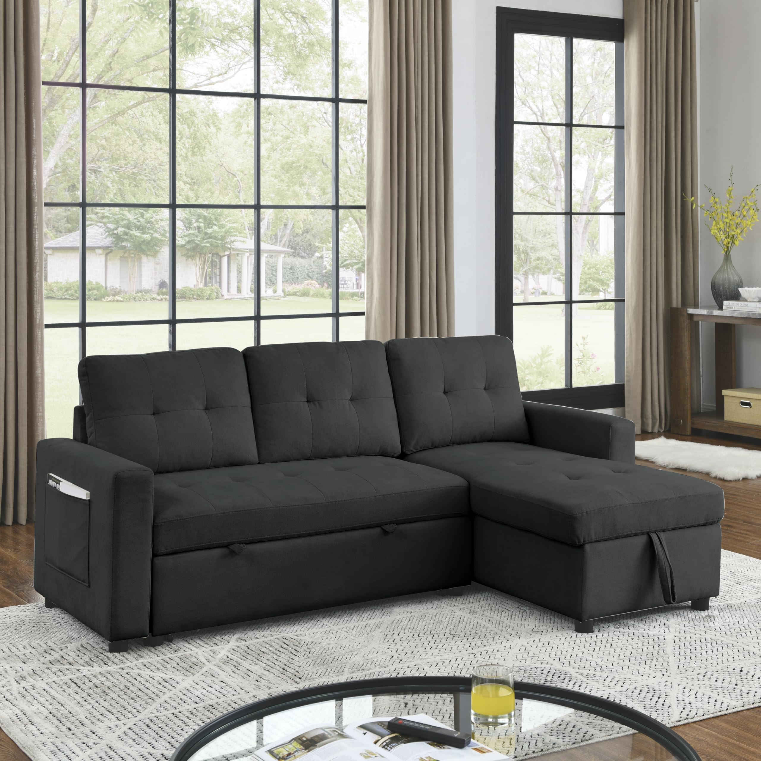 Pull Out Sleeper Sofa Convertible L-Shape Sofa Bed Reversible Sectional Couch with Storage Chaise and Side Storage Bag, Living Room Sofa Set for Living Room (Black)
