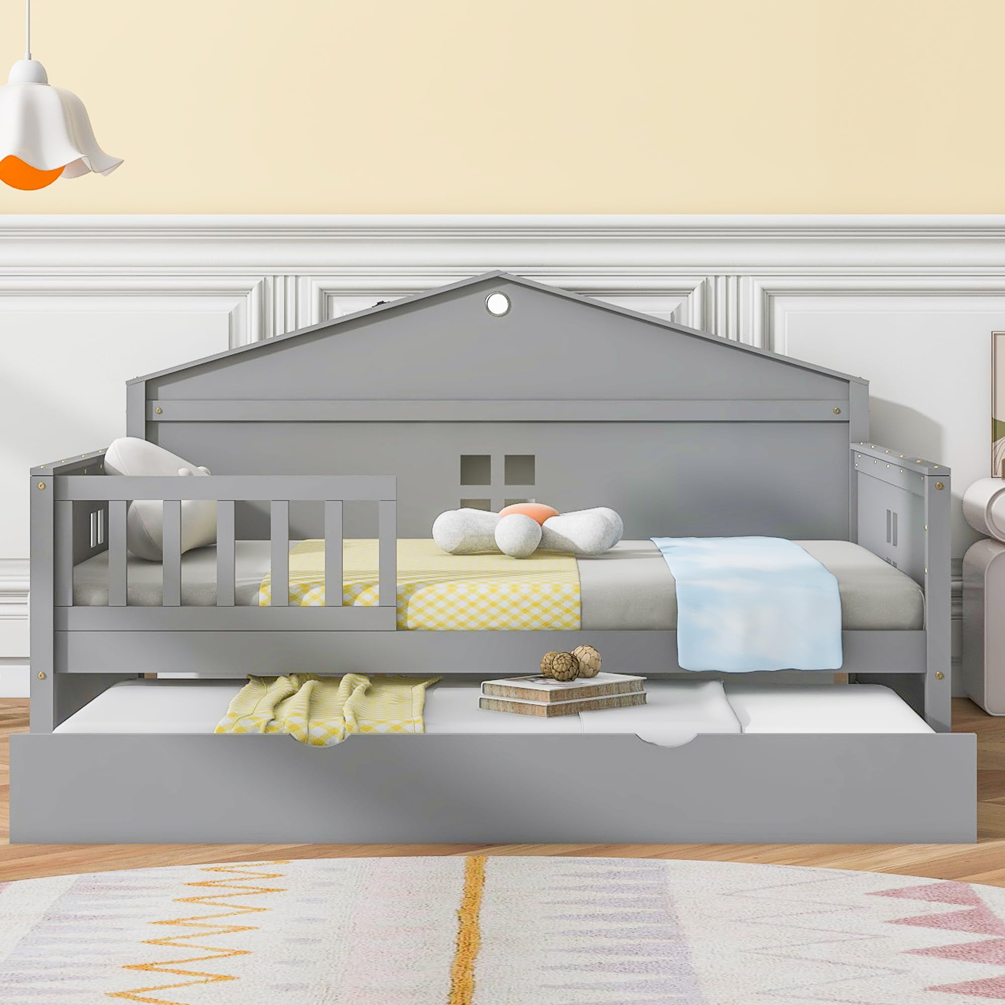 Merax Full Size Wooden Daybed with Trundle and Sensor Light, House Shaped Daybed for Kids, Boys and Girls, No Box Spring Needed, Grey