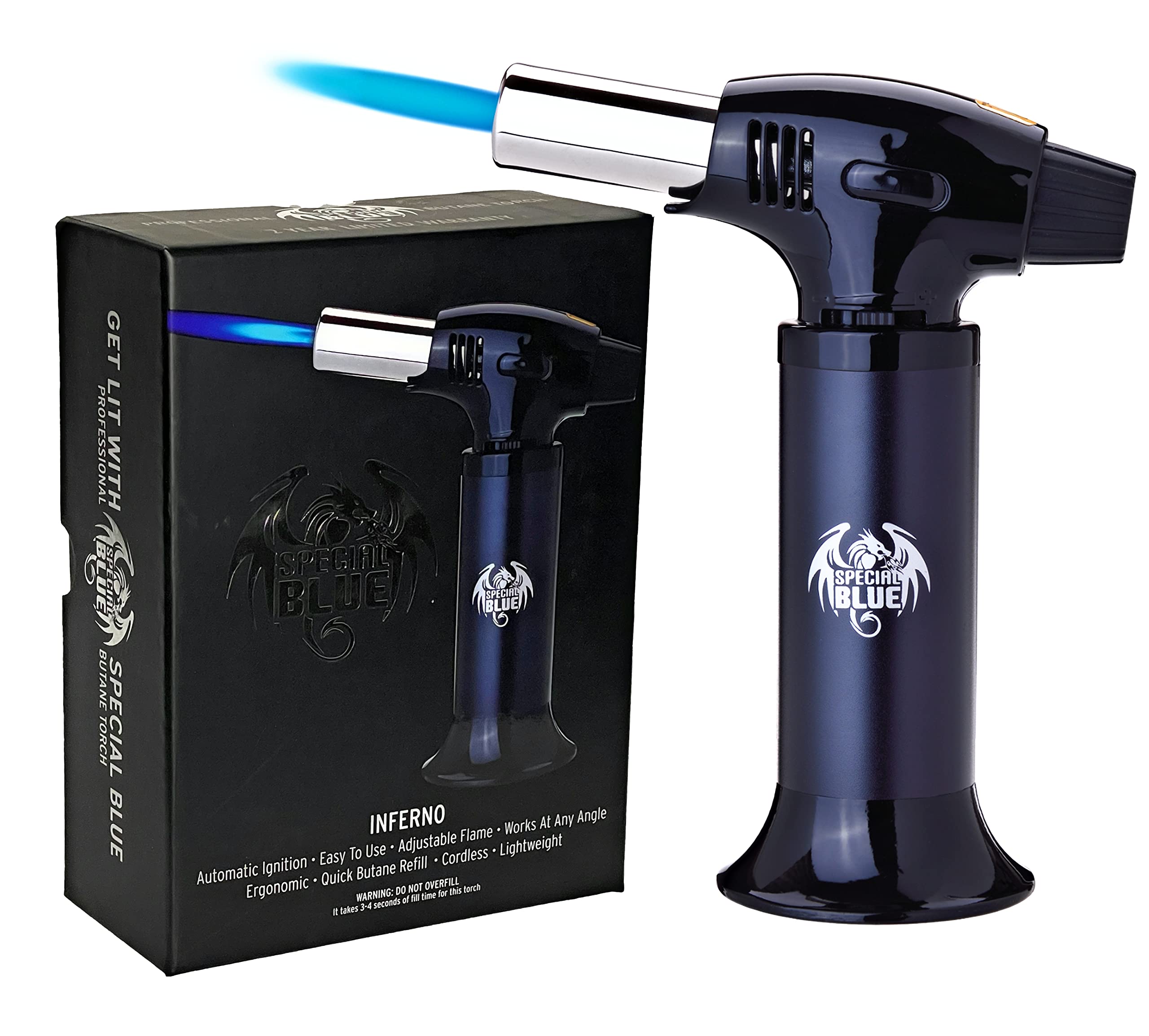 Kitchen Torch, blow torch -Special Blue Refillable Butane Torch With Safety Lock & Adjustable Flame and Fuel gauge - Culinary Torch, Creme Brulée Torch for Cooking Food, Baking, BBQ (Black)
