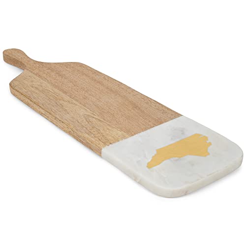 Mary Square State of North Carolina Gold Foil 20 x 6 Food Safe Mango Wood and Marble Serving Cutting Board with Handle