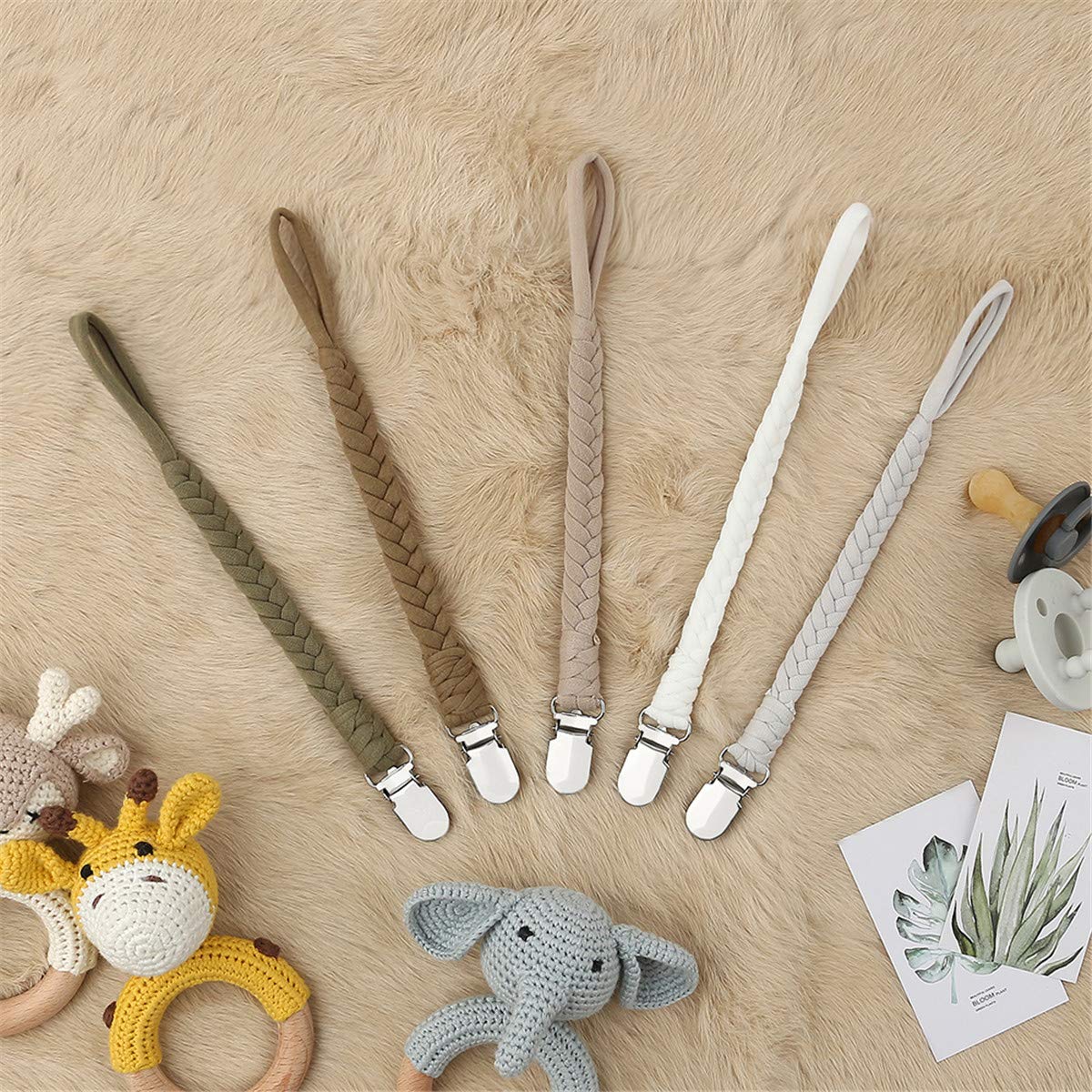 Pacifier Clip for Boys and Girls Binky Holder Pacifier Holder Leash Smoother Clip Handmade Braided Fits All Pacifiers -Modern Unisex Baby Birthdays Gift(5 Pack)
