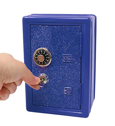 Kids Safe Bank, Made of Metal, with Key and Combination Lock, (Blue)