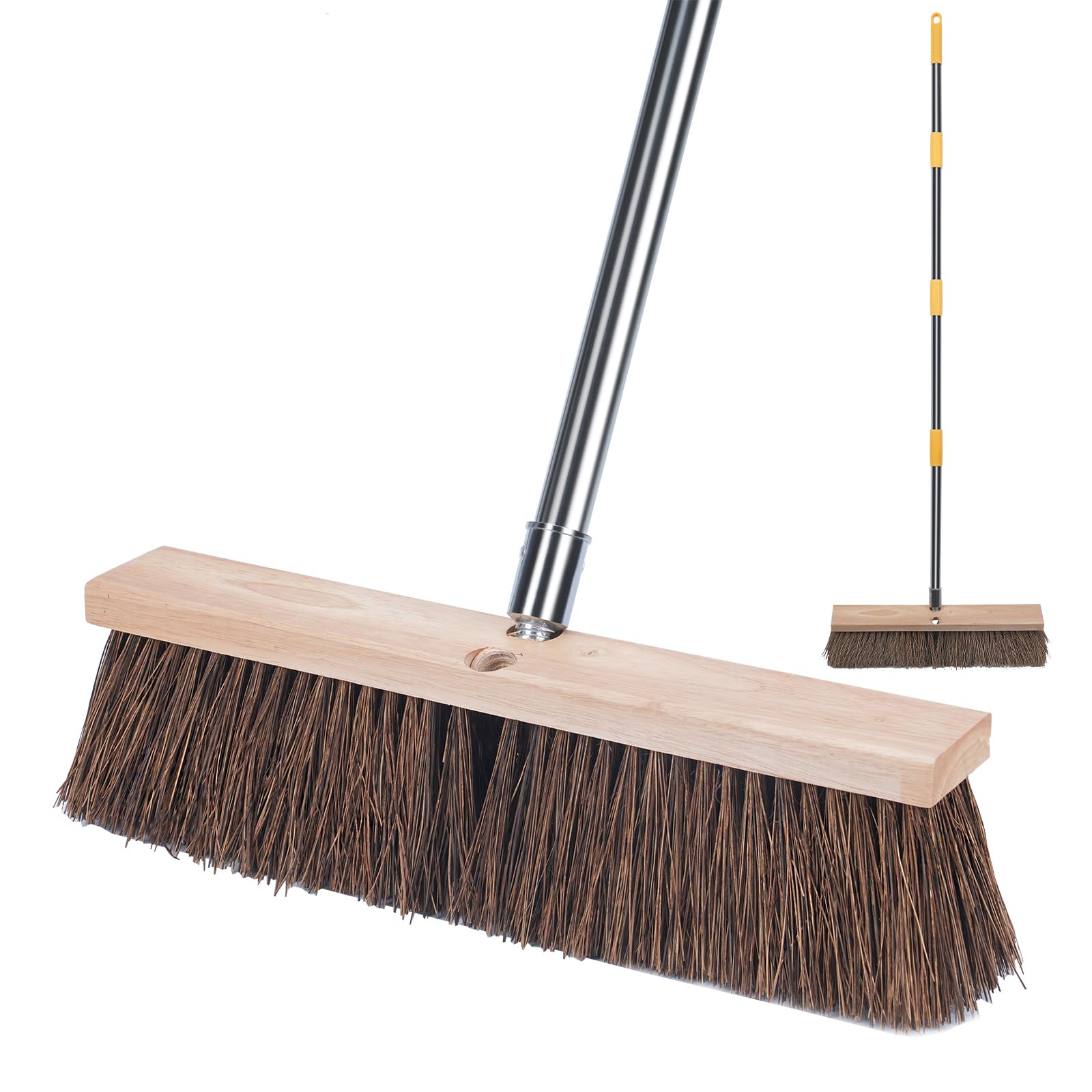 NICOFPHY 18" Push Broom Outdoor Heavy Duty - 65" Long Handle Large Wide Shop Broom, Commercial Stiff Palmyra Bristle Outside Broom Brush for Sweeping Concrete Floor, Garage, Patio, Shop, Yard, Lawn