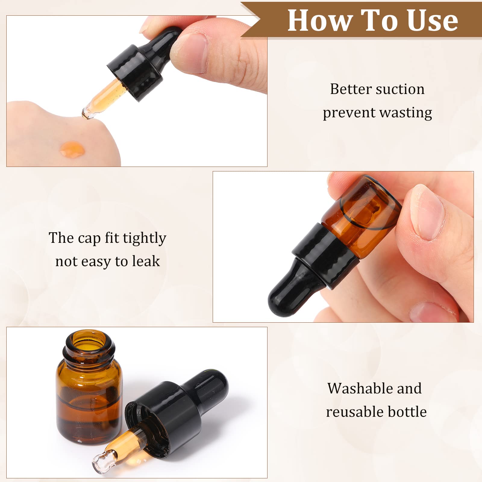 Nuogo 100 Pcs Amber Glass Mini Dropper Bottles Essential Oil Dropping Bottles Small Empty Sample Bottles Glass Vial with Dropper and Black Caps Tiny Amber Glass Bottles Perfume Jars for Traveling