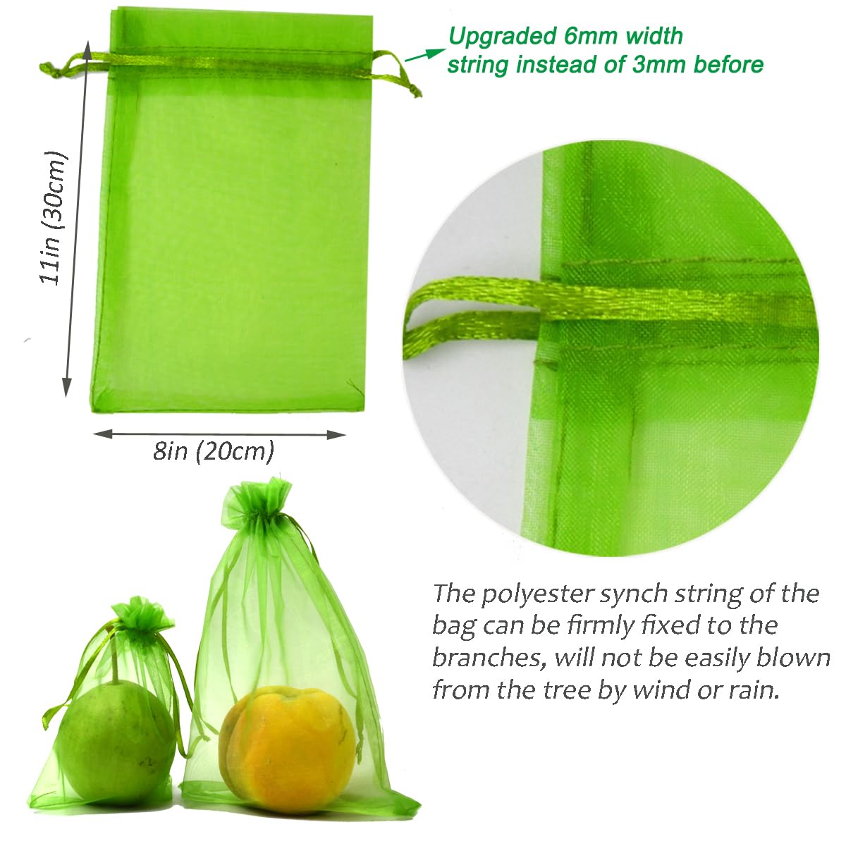 Miuezuth 50PCS Fruit Protection Bags, 5.9x3.9'' Green Netting Bags for Fruit Trees, Garden Fruit Cover Mesh Bags with Drawstring for Plant Fruit Flower and Vegetables