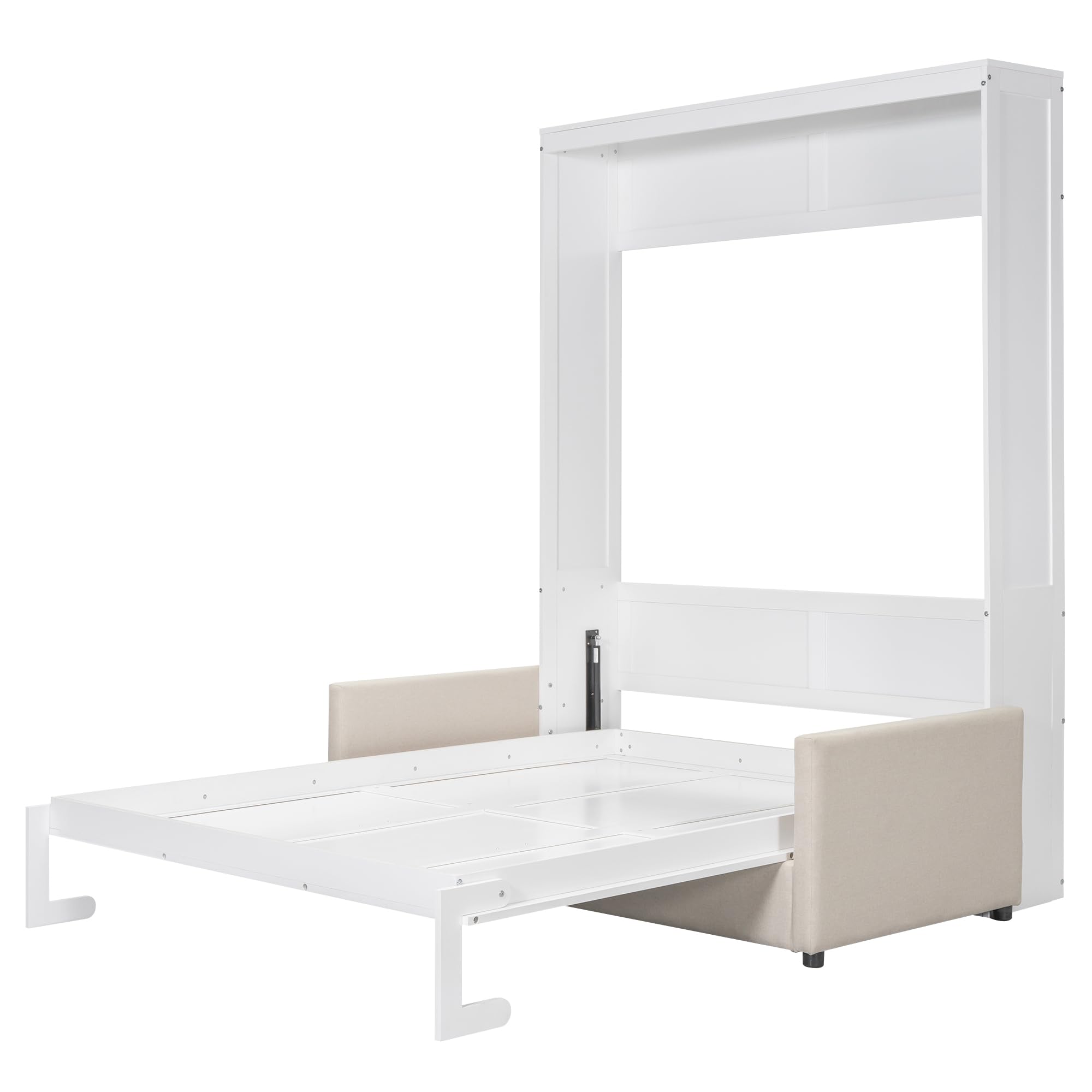 LZ LEISURE ZONE Queen Size Murphy Bed, Wooden Queen Murphy Bed with Cushion, Wall Bed with Sofa for Home Office or Small Room, White
