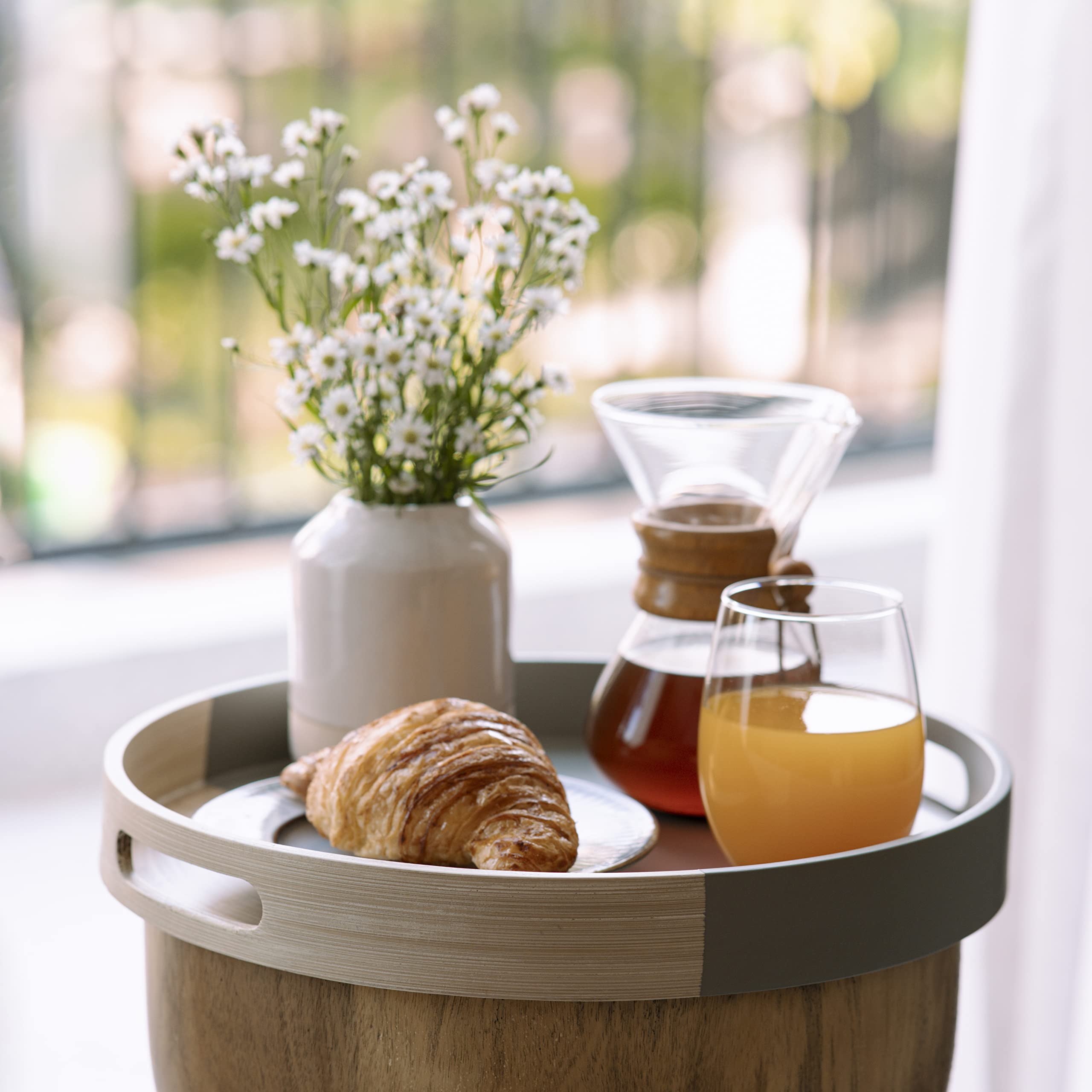 Kiwi Homie 13.78" Dia Spun Bamboo Serving Tray, Round Tray with Handles, Round Ottoman Tray, Semi Grey for Coffee Table, Serving Food on Home Dining Table, Restaurant (Grey)