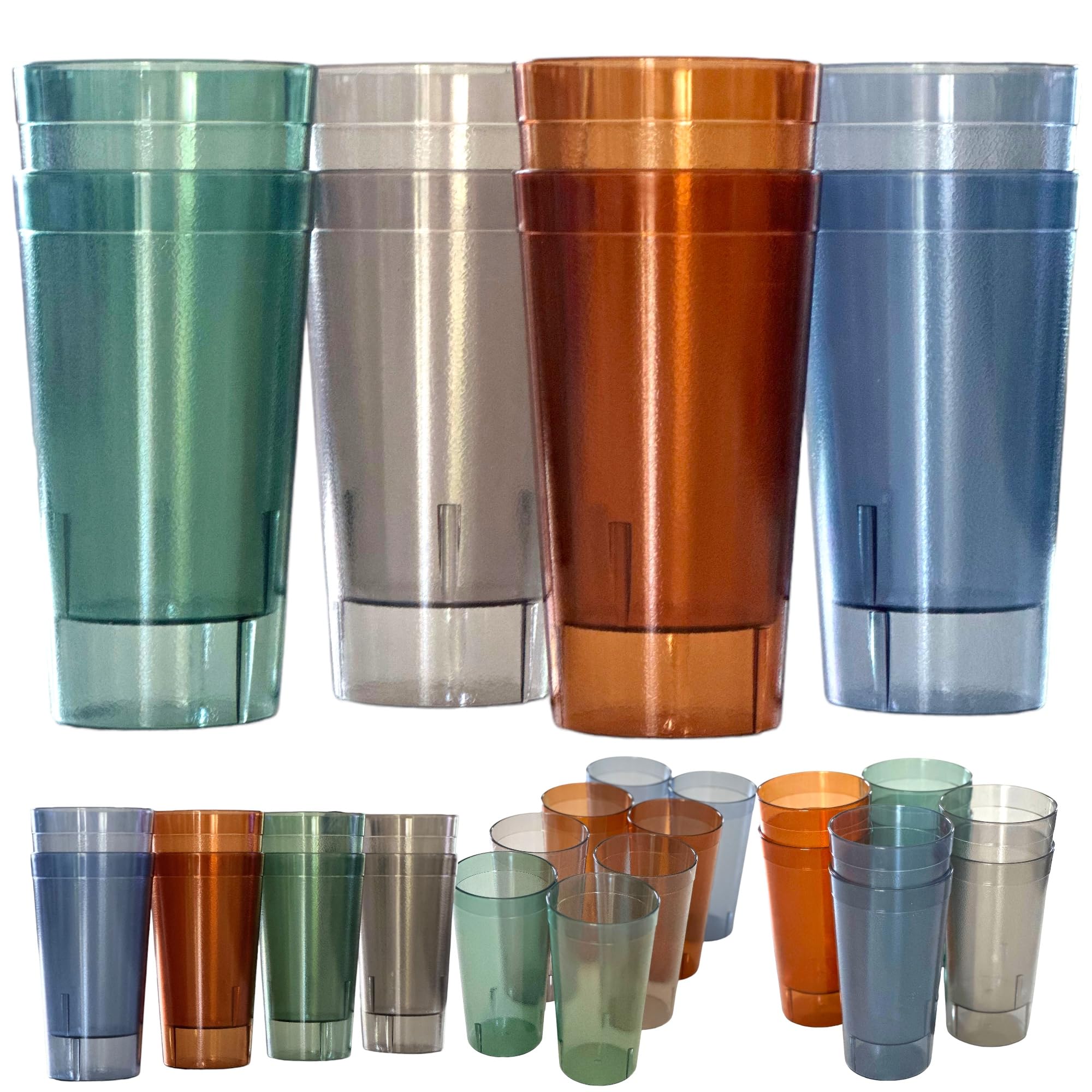 Oojami 20-ounce Plastic Reusable Tumblers, Assorted Colors Water Cups, Restaurant Style Drinking Glasses Set, Stackable, BPA-Free, Shatterproof, Top-Rack Dishwasher Safe (8, Earthy Elegance)