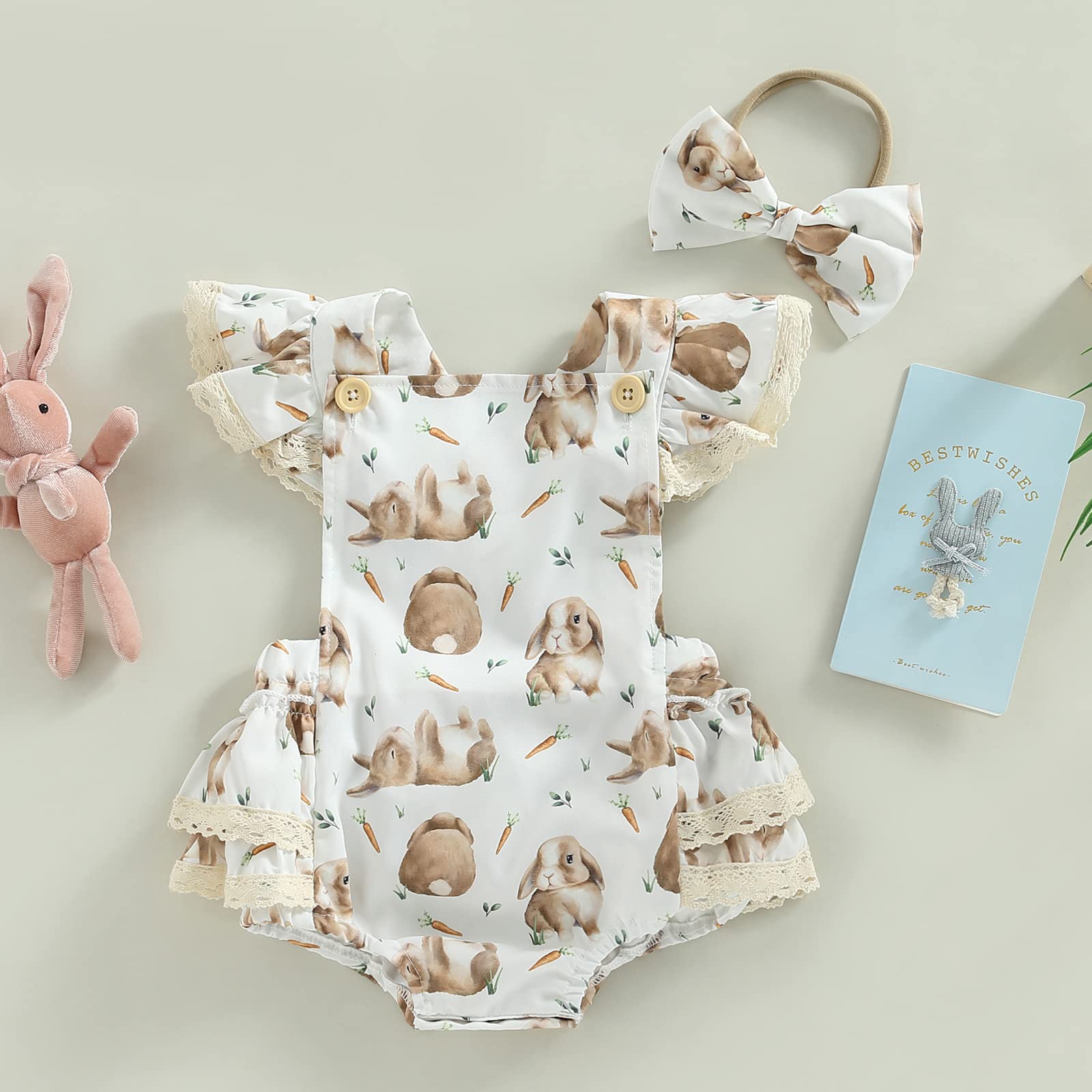 Newborn Infant Baby Girl Easter Outfit Bunny Romper Lace Sleeveless Bodysuit Jumpsuit Headband Summer Clothes White 18-24 Months