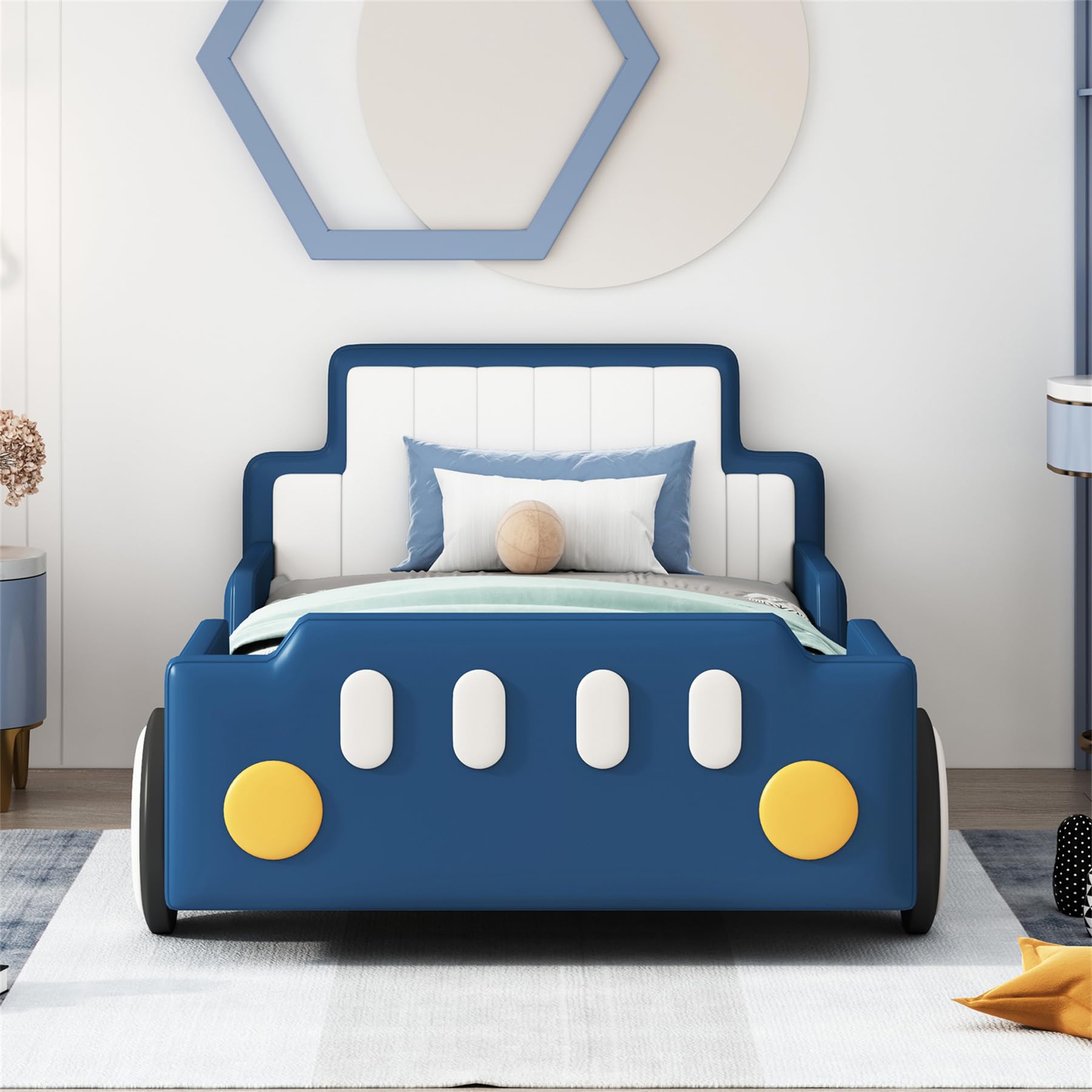 Merax Twin Race Car Platform Bed with Wheels,PU Leather Car Bed Frame for Boys Twin Size,Kids Bed Frame with Headboard,Fits Standard Twin Mattress(No Mattress)