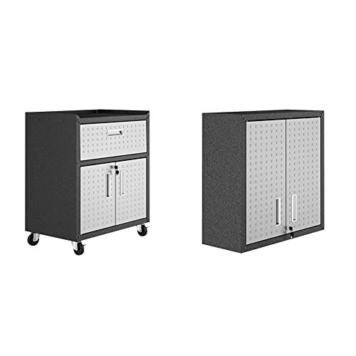 Manhattan Comfort Fortress Rolling Cabinet Garage Storage, Black/Gray & Fortress Floating Garage Storage Cabinet, Black/Grey