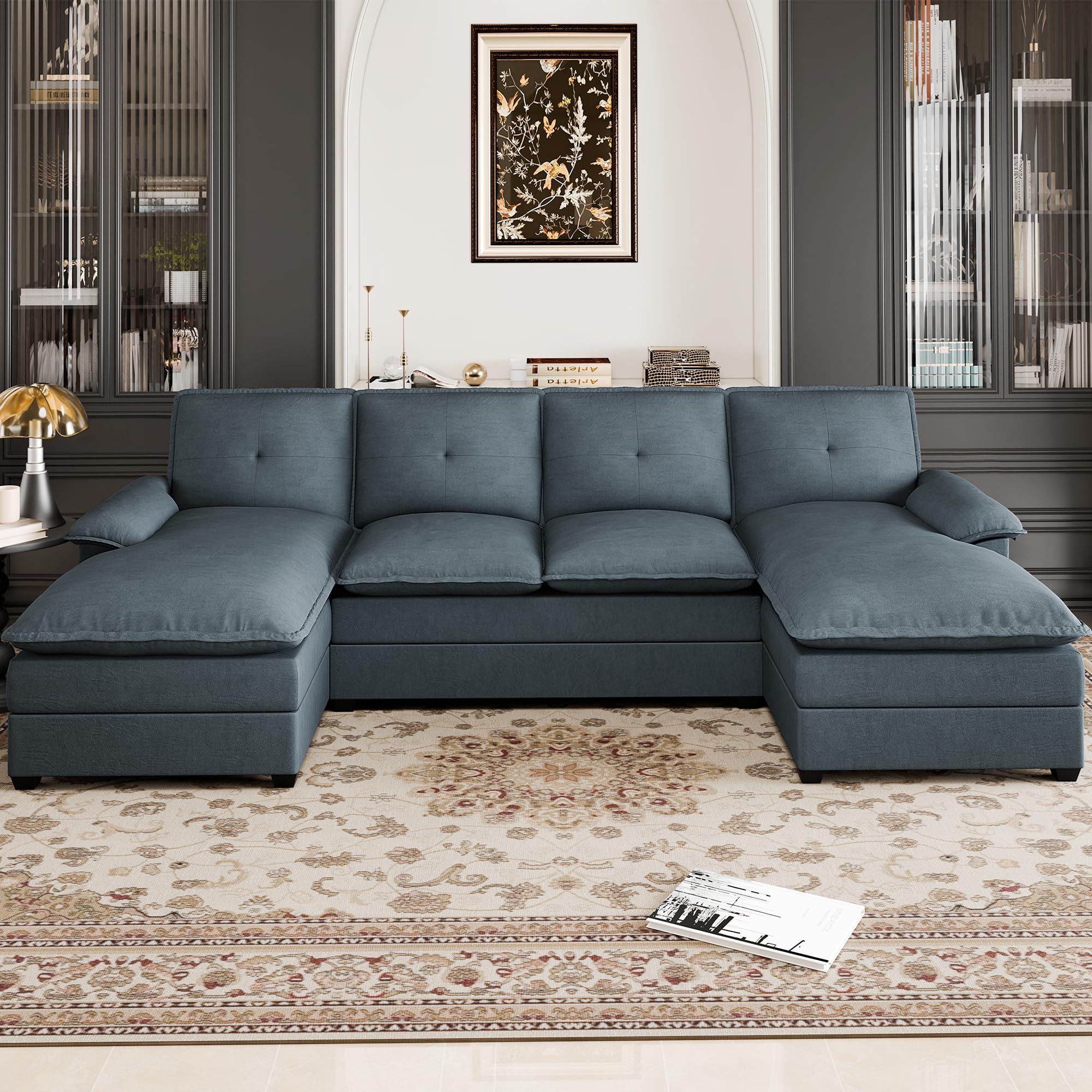 Shintenchi 110" Modular Sectional Couches for Living Room, U-Shaped Sofa Couch with Double Chaise, 4 Seat Sofa Sets with Thick Cushion & Soft Backrest, Dark Grey