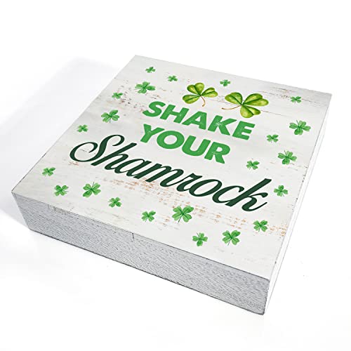 Shake Your Shamrock Wood Box Sign Home Decor Rustic St. Patrick's Day Quote Wooden Box Sign Block Plaque for Wall Tabletop Desk Home Office Decoration 5" x 5"