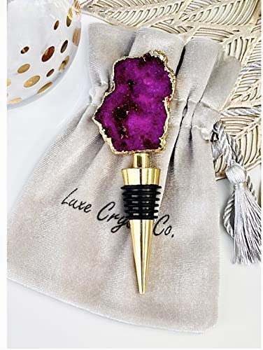 LUXE CRYSTAL CO. Handcrafted Purple Magenta Pink Agate Druzy Gold Natural Crystal Wine Champagne Stopper Handmade Bottle Barware Housewarming Bridal Shower (Pink)