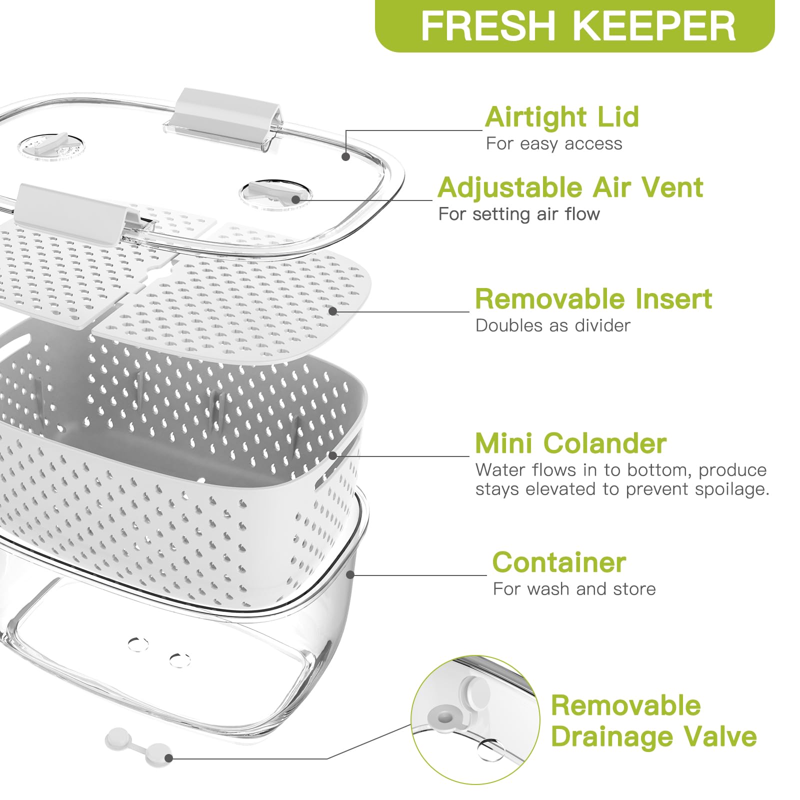 LUXEAR Fresh Produce Vegetable Fruit Storage Containers 3Piece Set, BPA-free, Partitioned Salad Container, Fridge Organizers, Used in Storing Fruits Vegetables, White