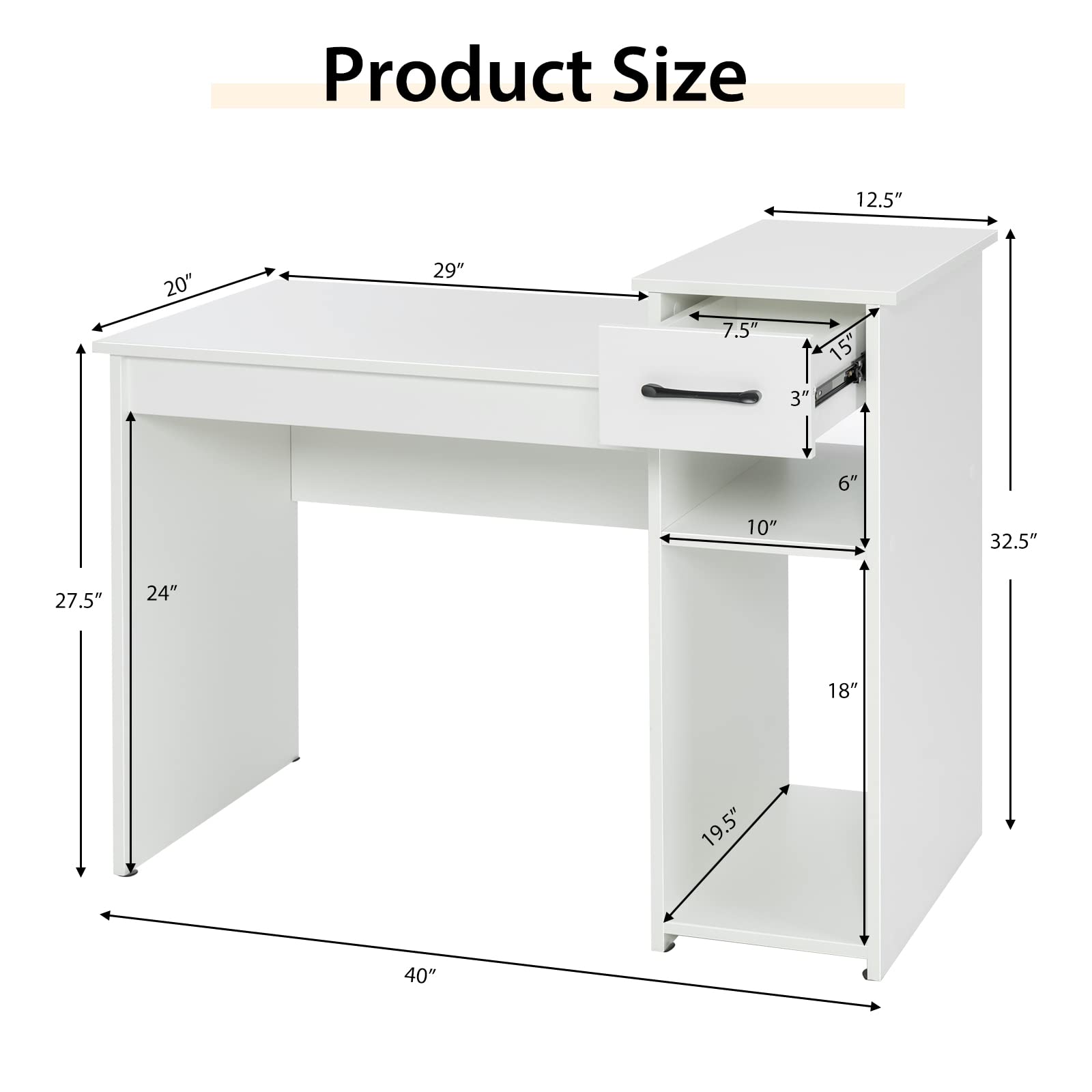 Tangkula White Desk with Storage Drawer & Shelves, Compact Desk for Small Space, Modern Wooden Study Desk Writing Desk with Storage Drawer & Compartments, PC Laptop Desk Small Desk for Bedroom
