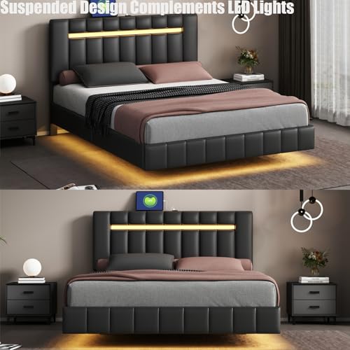 Queen Size Floating Bed Frame,with LED Atmosphere Lights & USB Charging,Modern Upholstered PU Platform LED Bed Frame,Adjustable Headboard Smart Thick Bed, Noiseless No Box Spring Needed (Black)