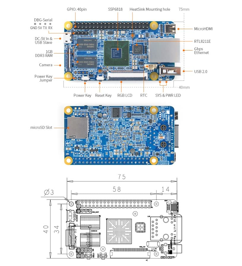 NanoPi Fire3-LTS Open Source S5P6818 1.4GHz DDR3 1GB RAM Single Board Computer Onboard Gigabit Ethernet USB 2.0 HDMI Debug 40pinGPIO Port for AI Development Support Android Debian UbuntuCore+Qt