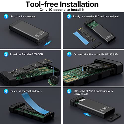 M.2 NVME SSD Enclosure with Cooling Fan, 10 Gbps USB C 3.2 Gen 2 PCIE NVME Adapter, 6Gbps SATA, M.2 Reader with Aluminum Case Support UASP Trim for PCIe M-Key(B+M Key) SSD 2242/2260/2280