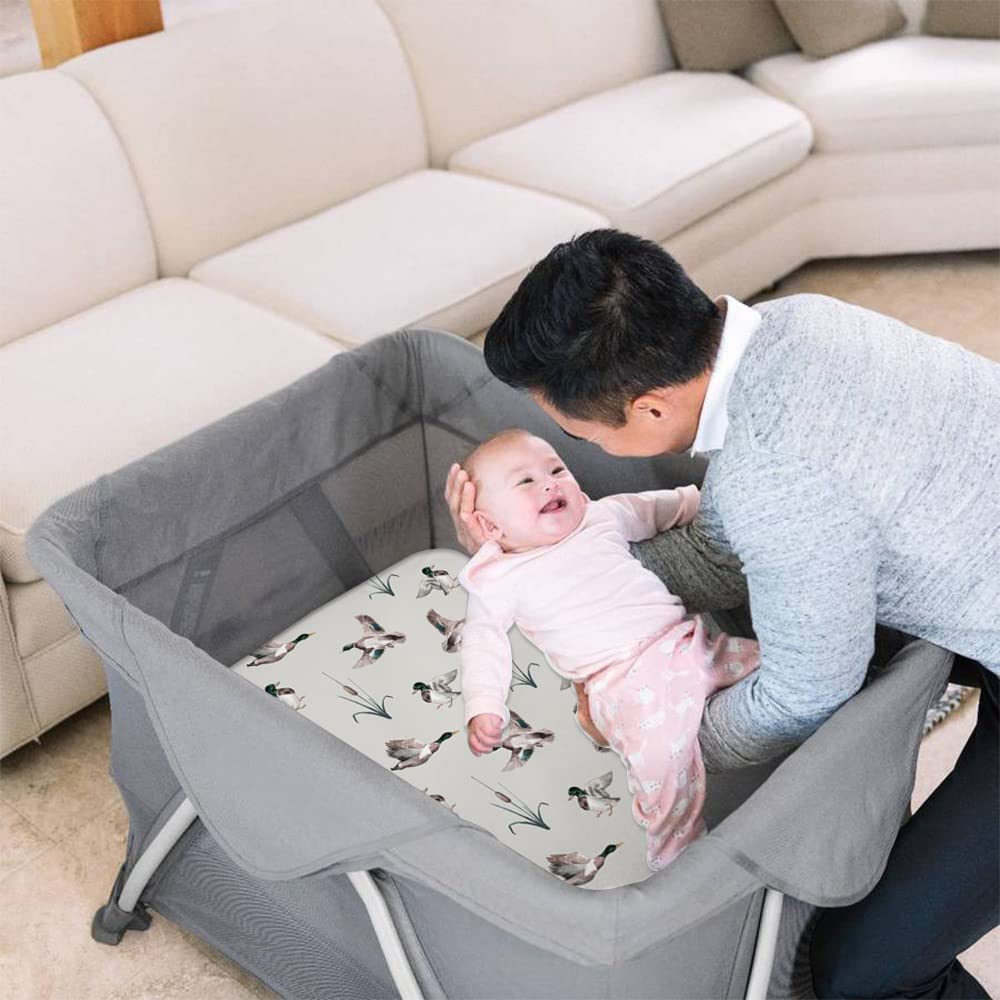 Pack n Play Stretchy Fitted Playard Sheet Set BROLEX Portable Mini Crib Sheets ,Convertible Mattress Cover ,Ultra Soft Material, 2 Pack, Duck Seabird