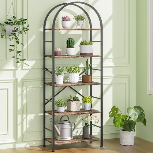 Shintenchi Bookshelf, Arched Bookshelf 5 Tier Bookcase, Tall Bookcase Shelf for CDs/Books, Home Office Bookcase Shelf Storage Organizer, Modern Book Shelf for Bedroom/Living Room, Rustic Brown