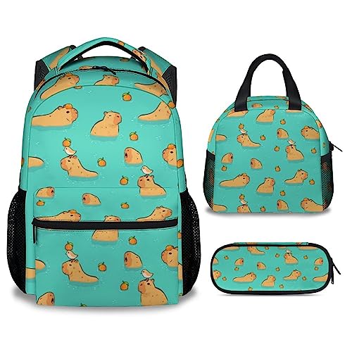 NICEFORNICE Capybara Kids Backpack with Lunch Box, Set of 3 School Backpacks Matching Combo, Cute Green Bookbag and Pencil Case Bundle